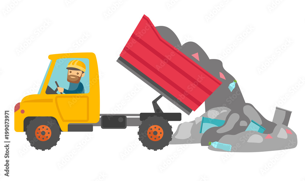 Caucasian white man driving a garbage truck and unloading waste on a ...
