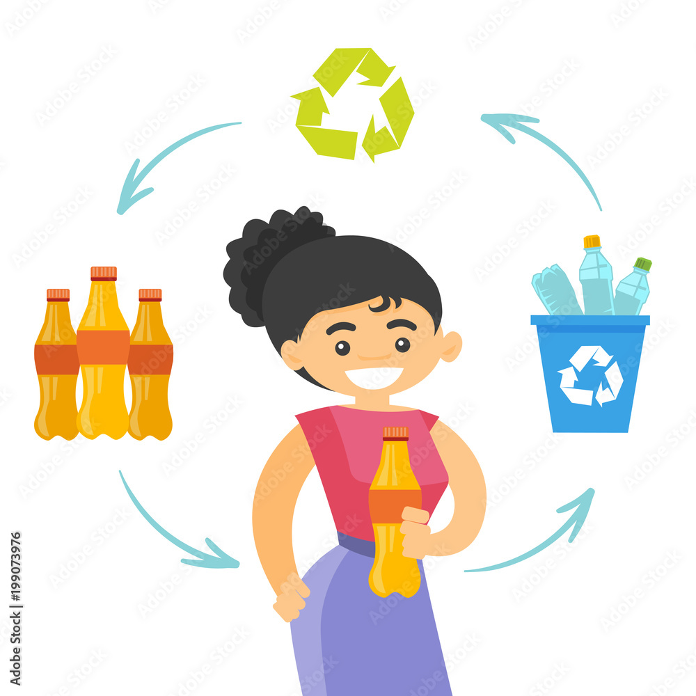 Young caucasian white woman with bottle in hands showing cycle of ...