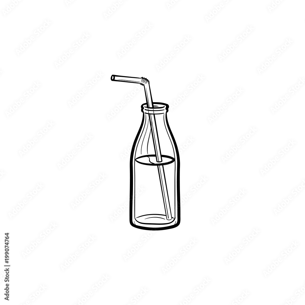 Vecteur Stock Glass bottle of milkshake with straw hand drawn outline ...