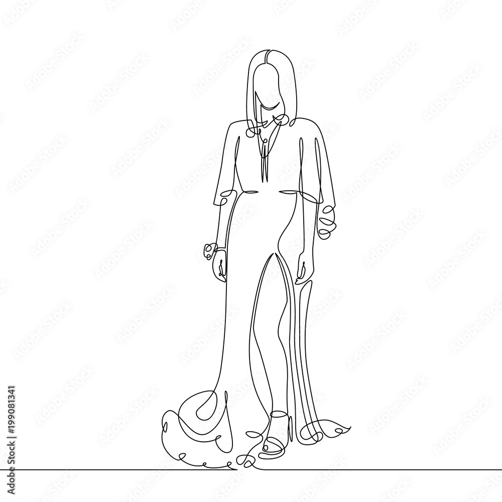 Continuous one drawn girl woman line in a beautiful dress attire Stock ...