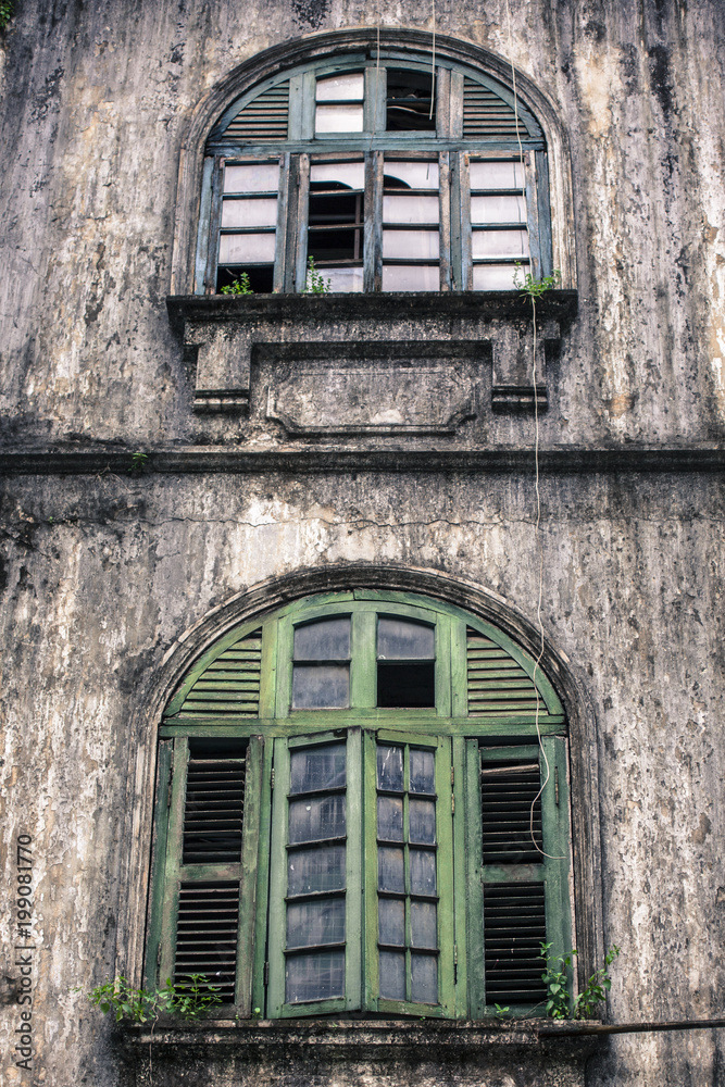Old colonial window wooden architecture in Yangon Myanmar Burma South ...