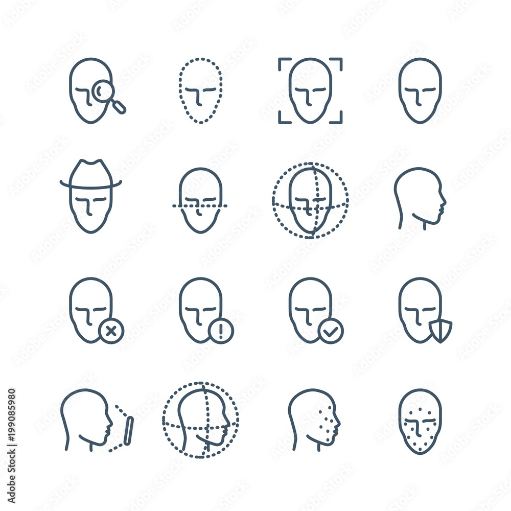 Face recognition line icons. Faces biometrics detection, facial ...