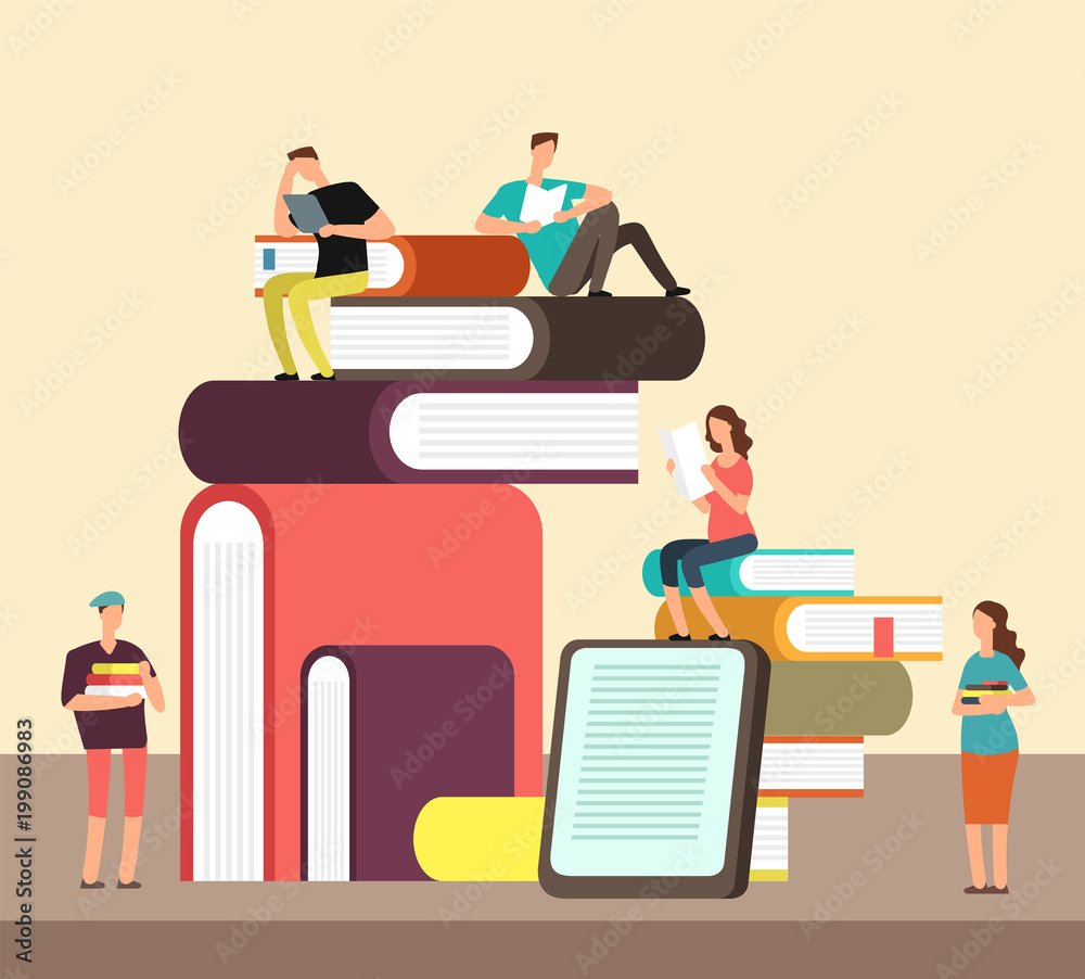 Man and woman reading books. People and book creative idea cartoon flat ...