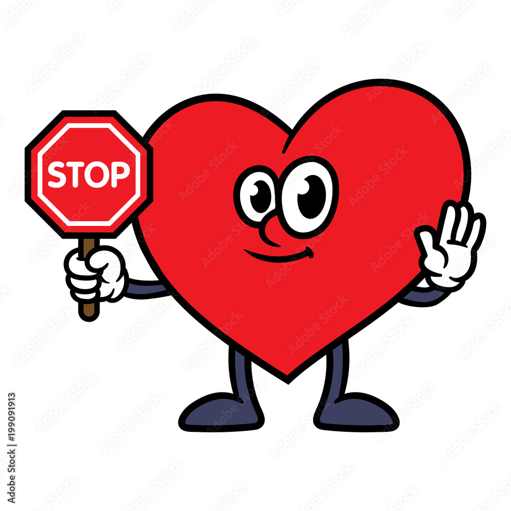 Cartoon Heart Character Holding Stop Sign Stock Vector | Adobe Stock