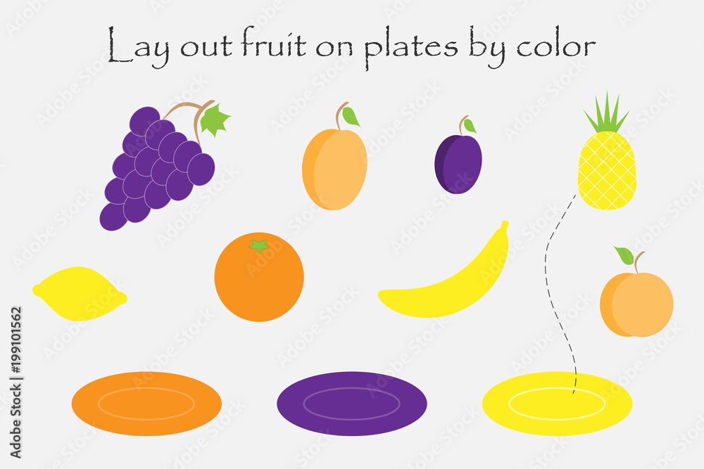 Lay out fruit in cartoon style on plates by color for children ...