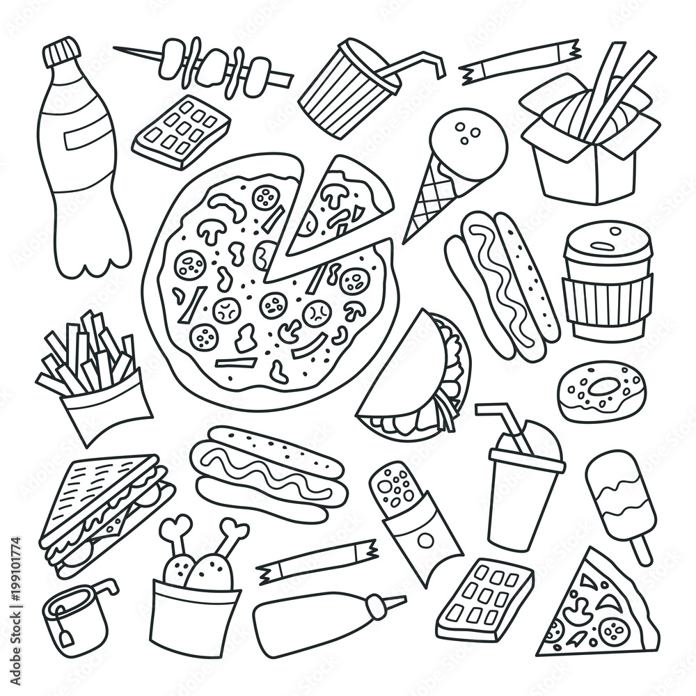 Fast food. Set of elements in doodle and cartoon style. Outline Stock ...