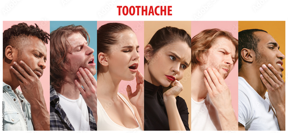 Collage about group of people with toothache. Men, women with tooth ...