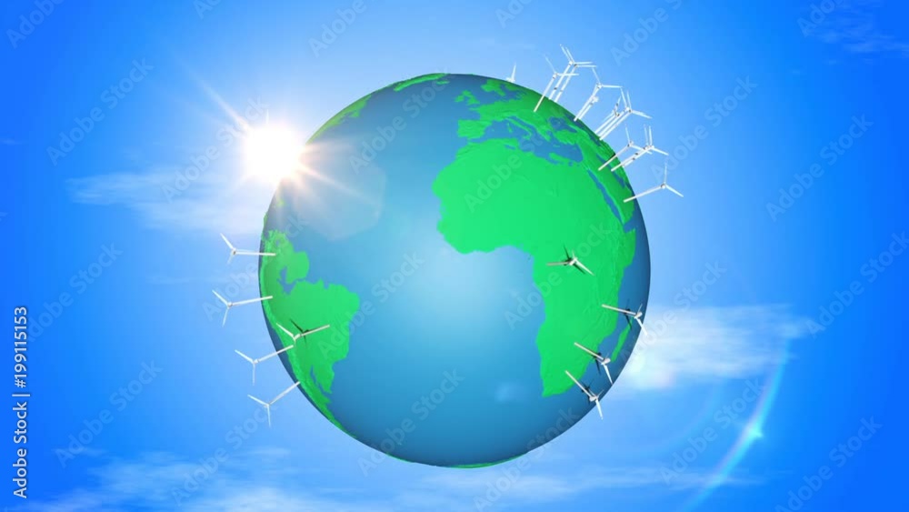 Cartoon 3d animation of a clean energy production by wind generators on ...