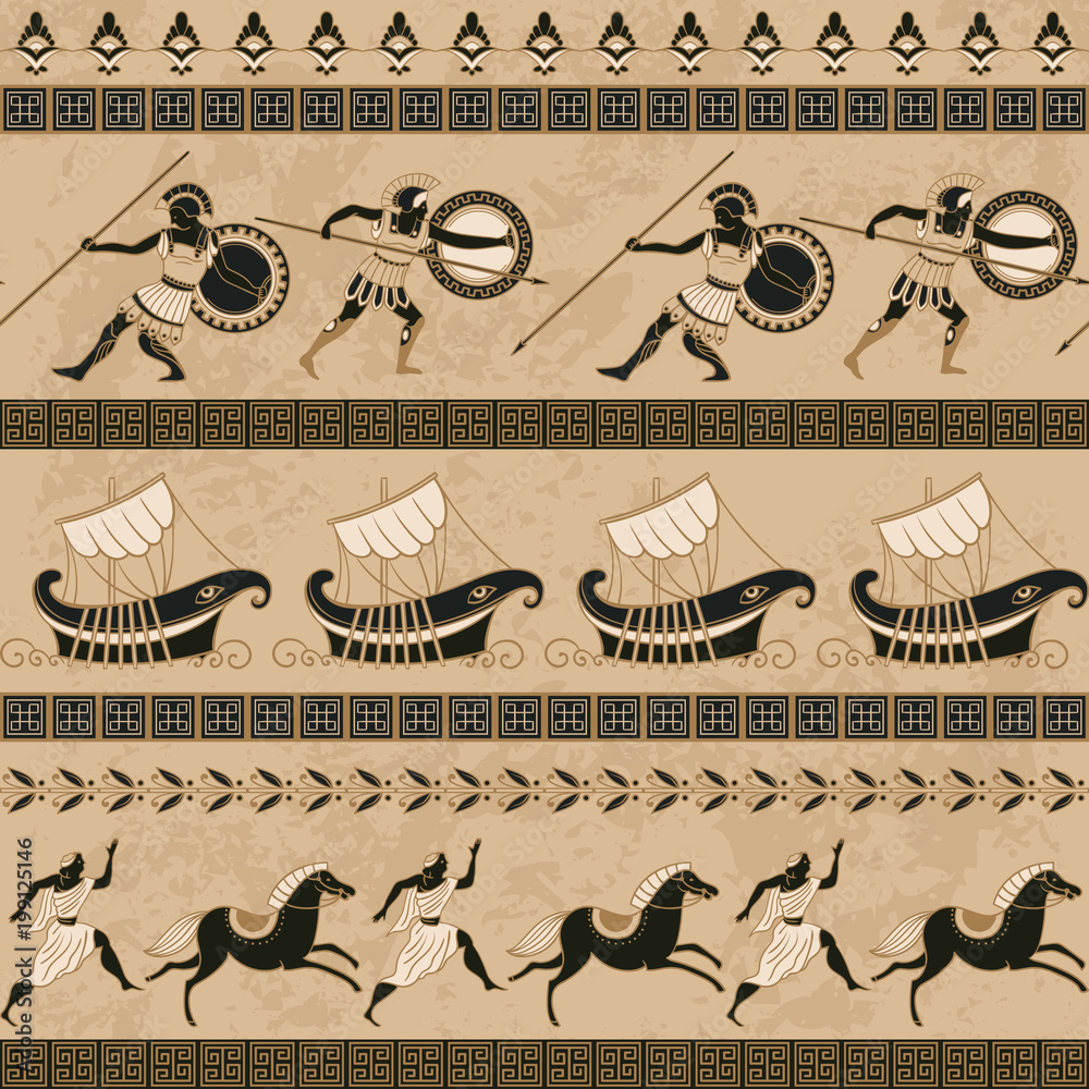 Seamless pattern with ancient greek ships, fighting people, horses and ...