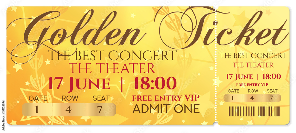 Gold ticket, golden token (tear-off ticket, coupon) with star magical ...