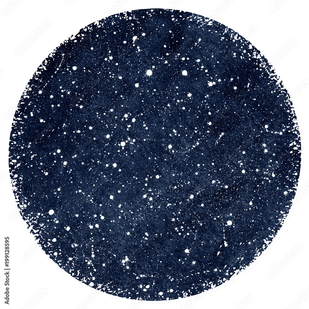 Dark blue hand drawn watercolor night sky with stars. Circle shape ...
