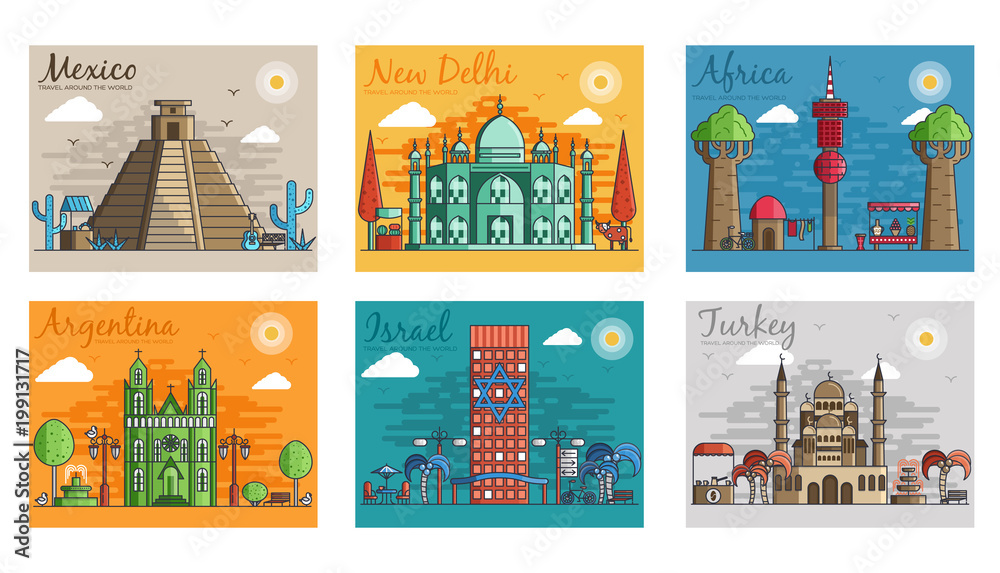Set of different cities for travel destinations. landmarks banner ...