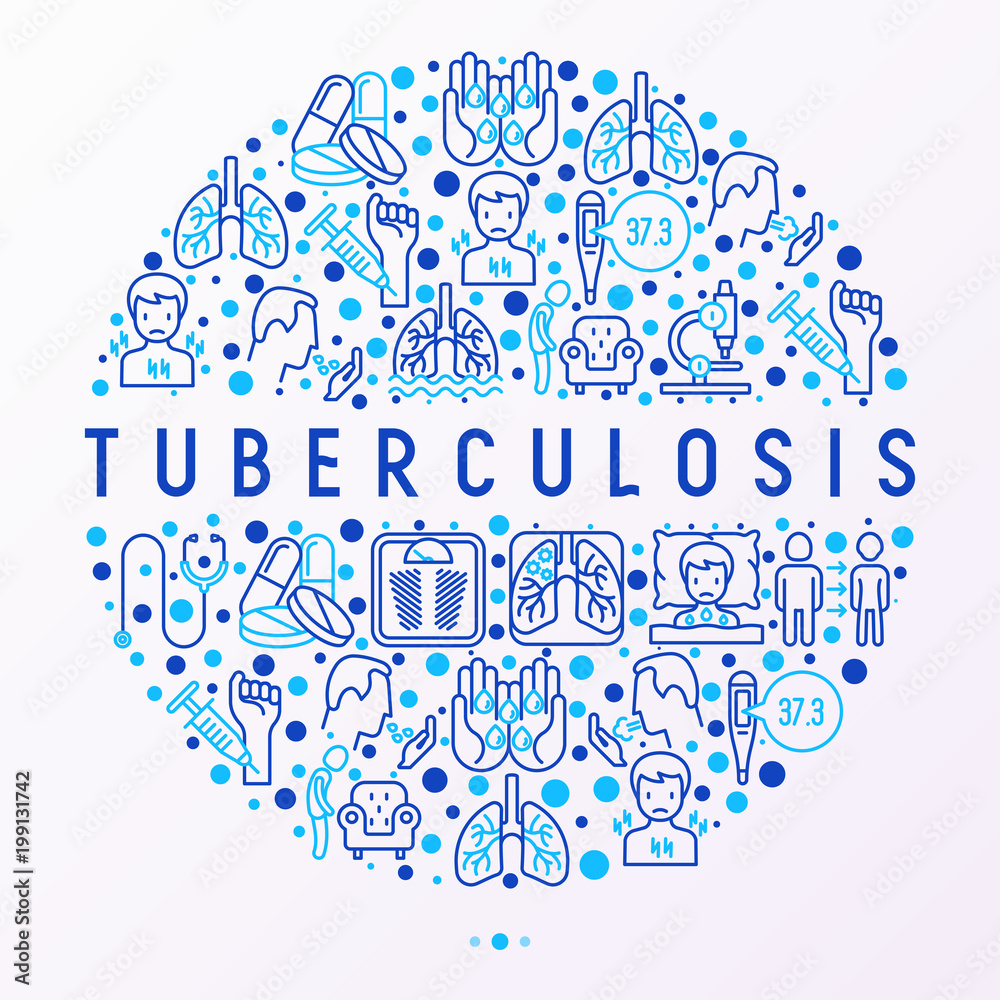 Tuberculosis concept in circle with thin line icons: infection in lungs ...