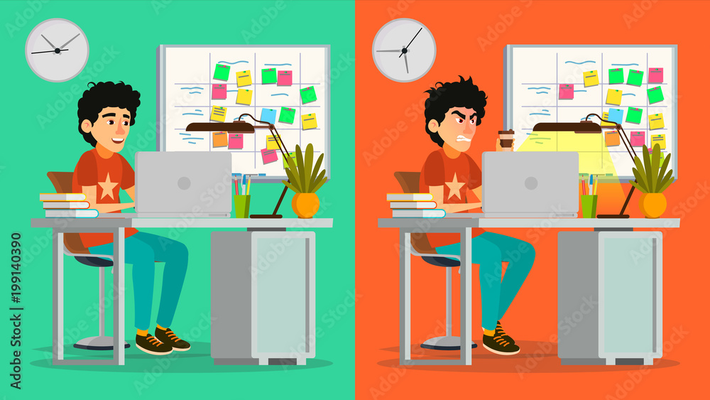 Stressed Out Man Vector. Young Coder Working At Office. Stressful Work ...