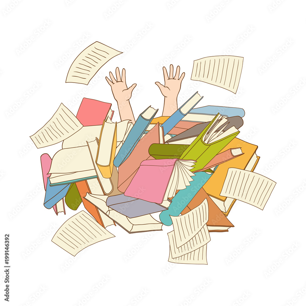 man hands sticking out books pile. Overwork or studying exams concept ...