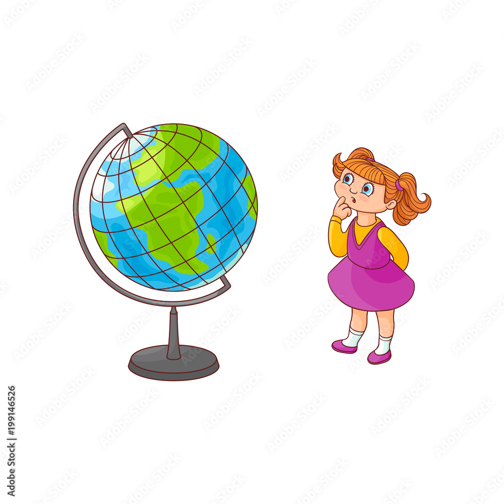 School girl with globe sphere map isolated on white background - cute ...