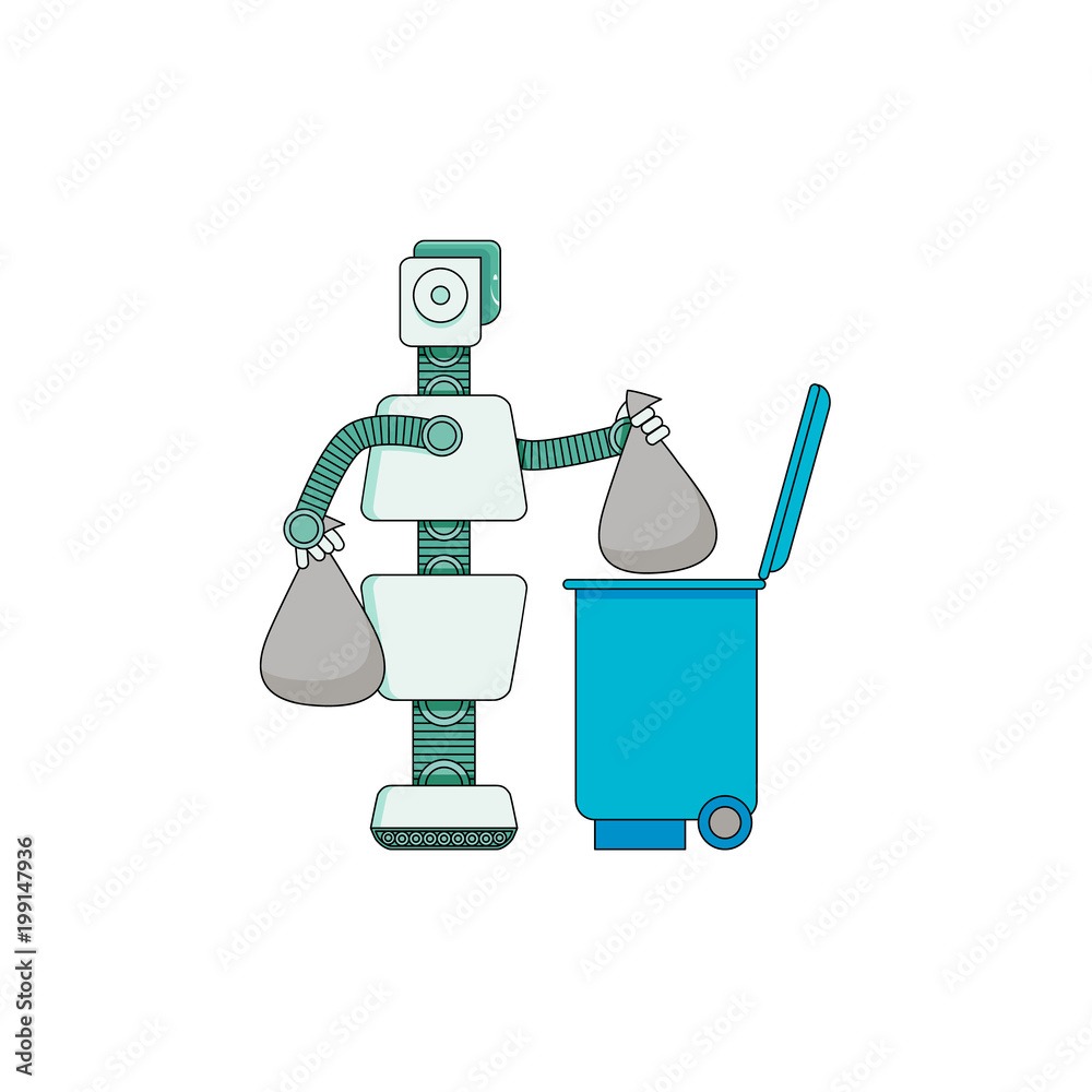 Robot doing housework - android taking out trash in tank isolated on ...