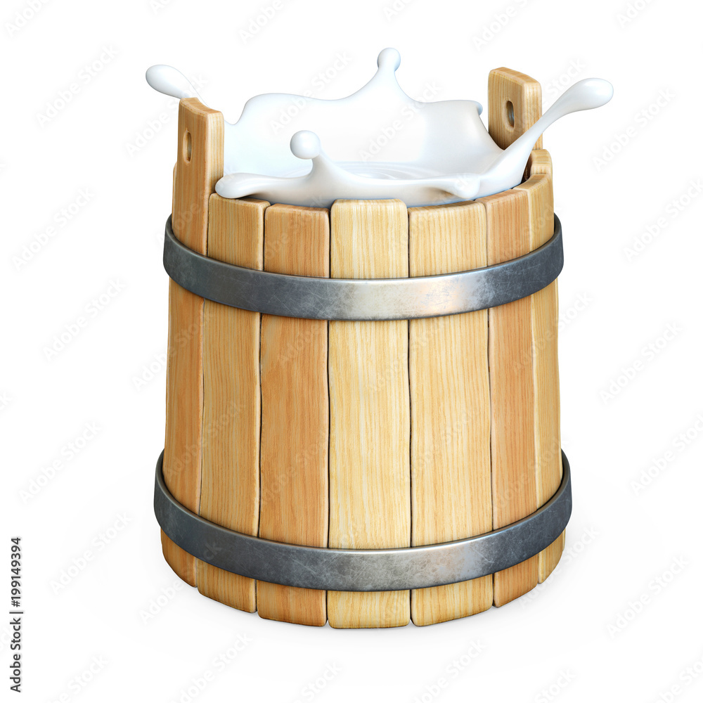 Wooden bucket with milk splash isolated on white background 3d Stock ...