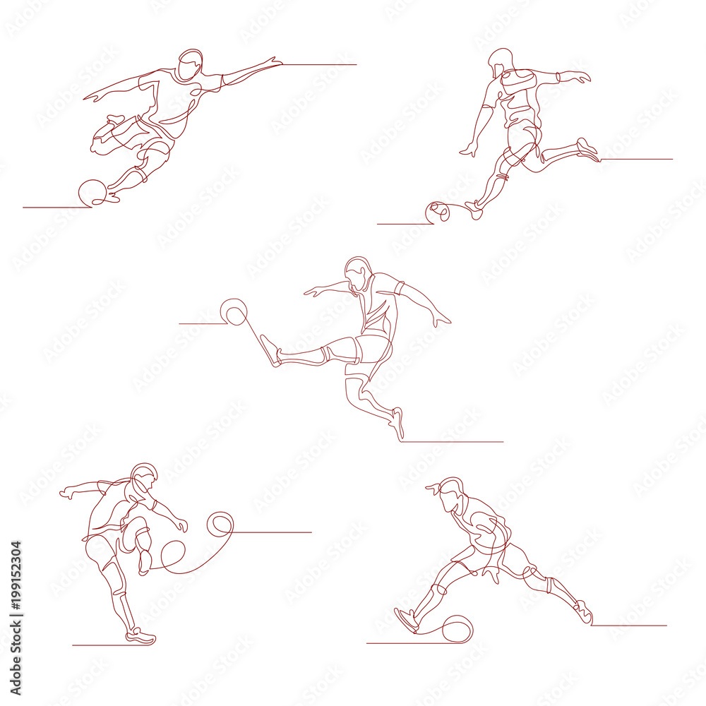 Continuous line drawing. Set of a football player kicks the ball ...