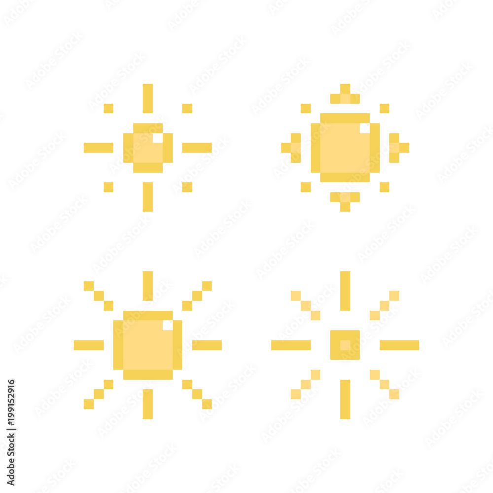 Set, collection of pixel sun icons isolated on white background ...