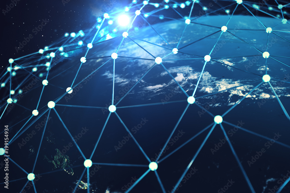 3D rendering Network and data exchange over planet earth in space ...