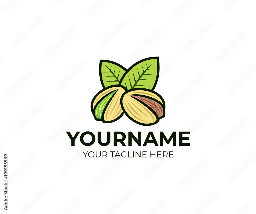 Pistachios nuts with green leaves, logo template. Pistachio seed with ...