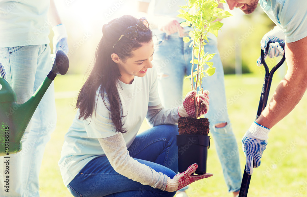 volunteering, charity, people and ecology concept - group of happy ...