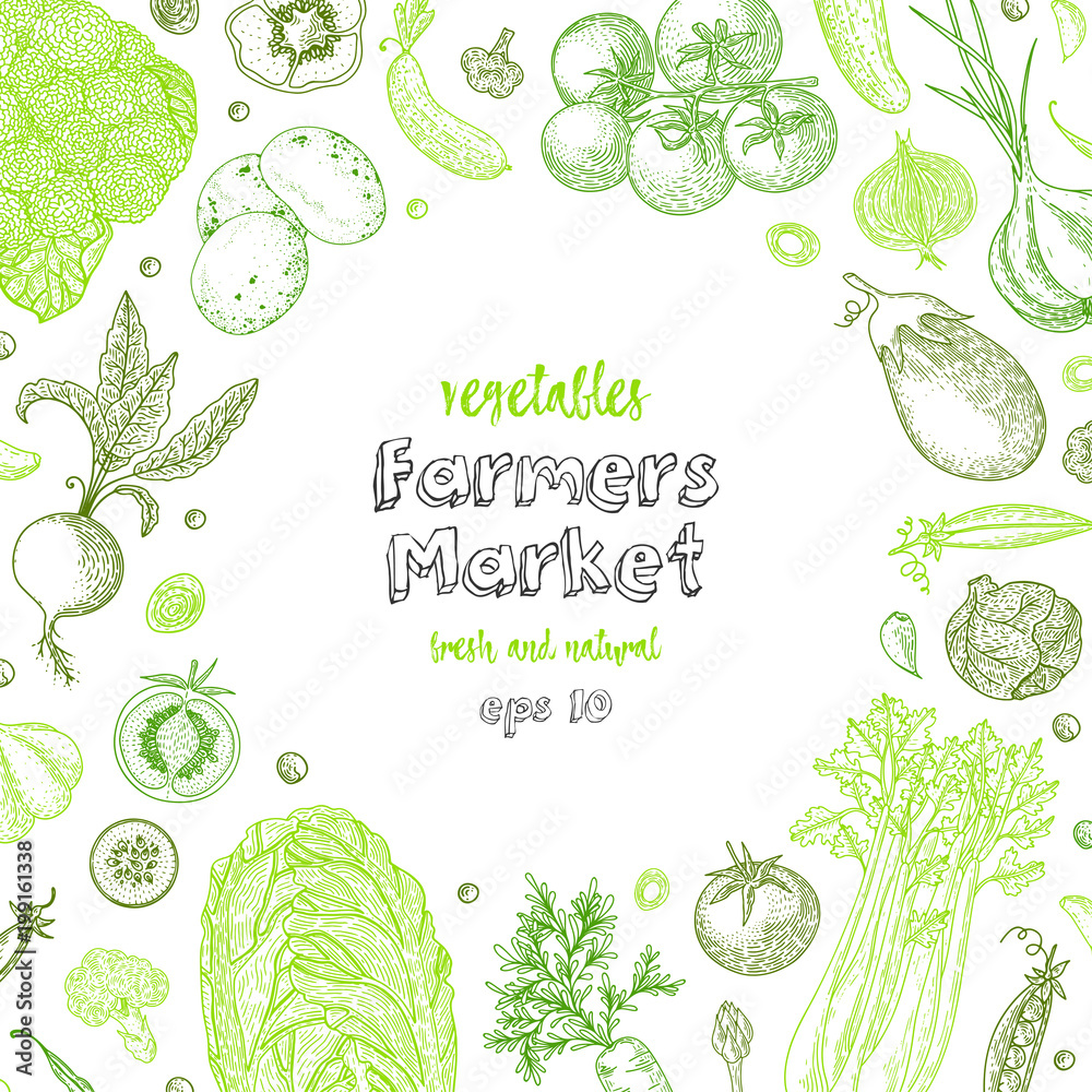 Farmers market menu design template. Vegetarian vintage background with ...