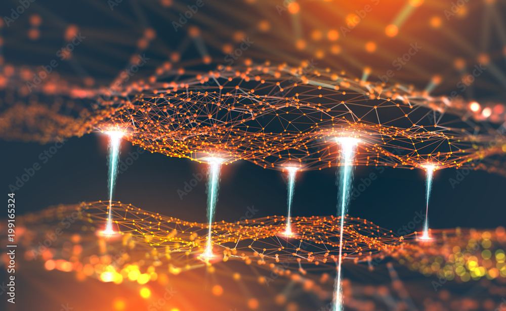 Global network. Blockchain. Polygon mesh 3D illustration. Neural ...