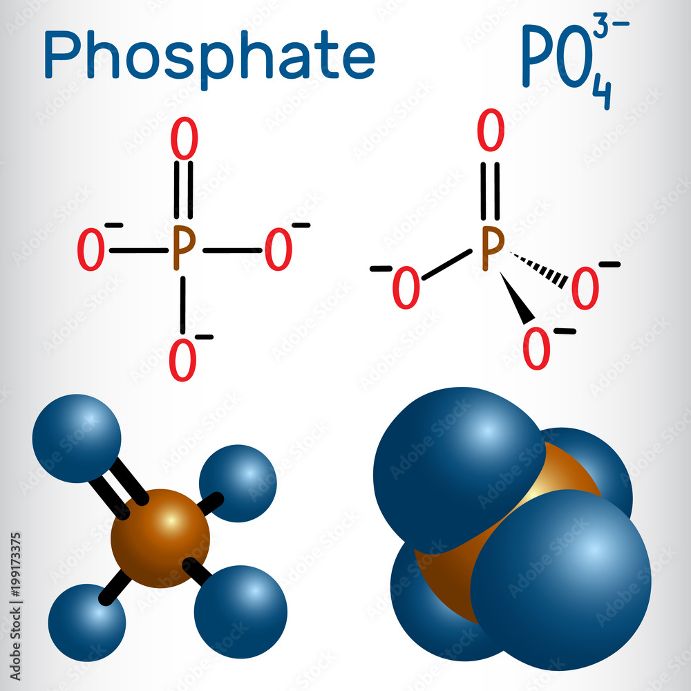 Phosphate anion molecule . Structural chemical formula and molecule ...