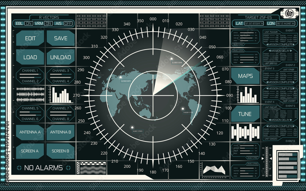 Digital radar screen with world map, targets and futuristic user ...
