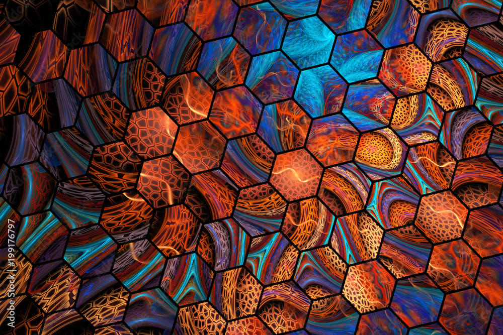 Abstract blue, red and orange hexagonal glass texture. Fractal ...
