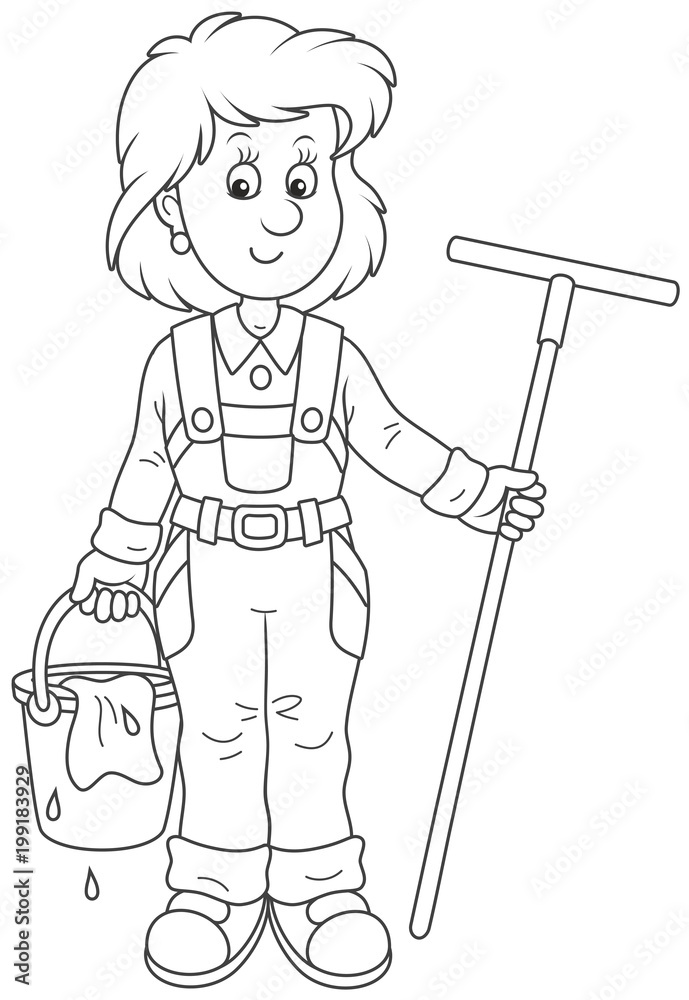 Smiling girl cleaner holding a swab and a bucket and going to wash a ...