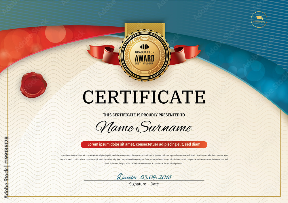 Official certificate with red turquoise wave design elements. Red ...
