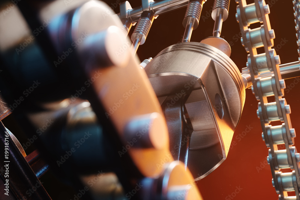 3d illustration of an internal combustion engine. Engine parts, crankshaft, pistons, fuel supply ...