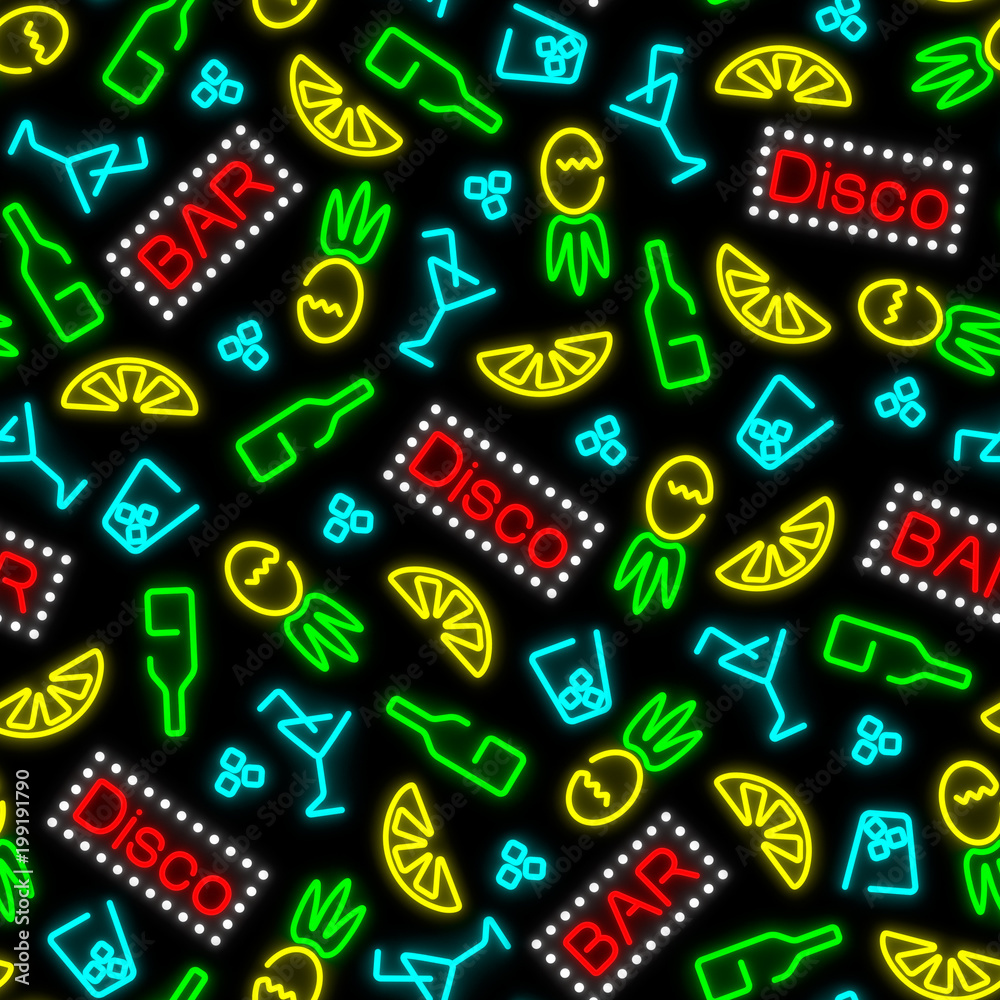 Illustrazione Stock Seamless neon pattern. Night club, bar. Chaotic ...