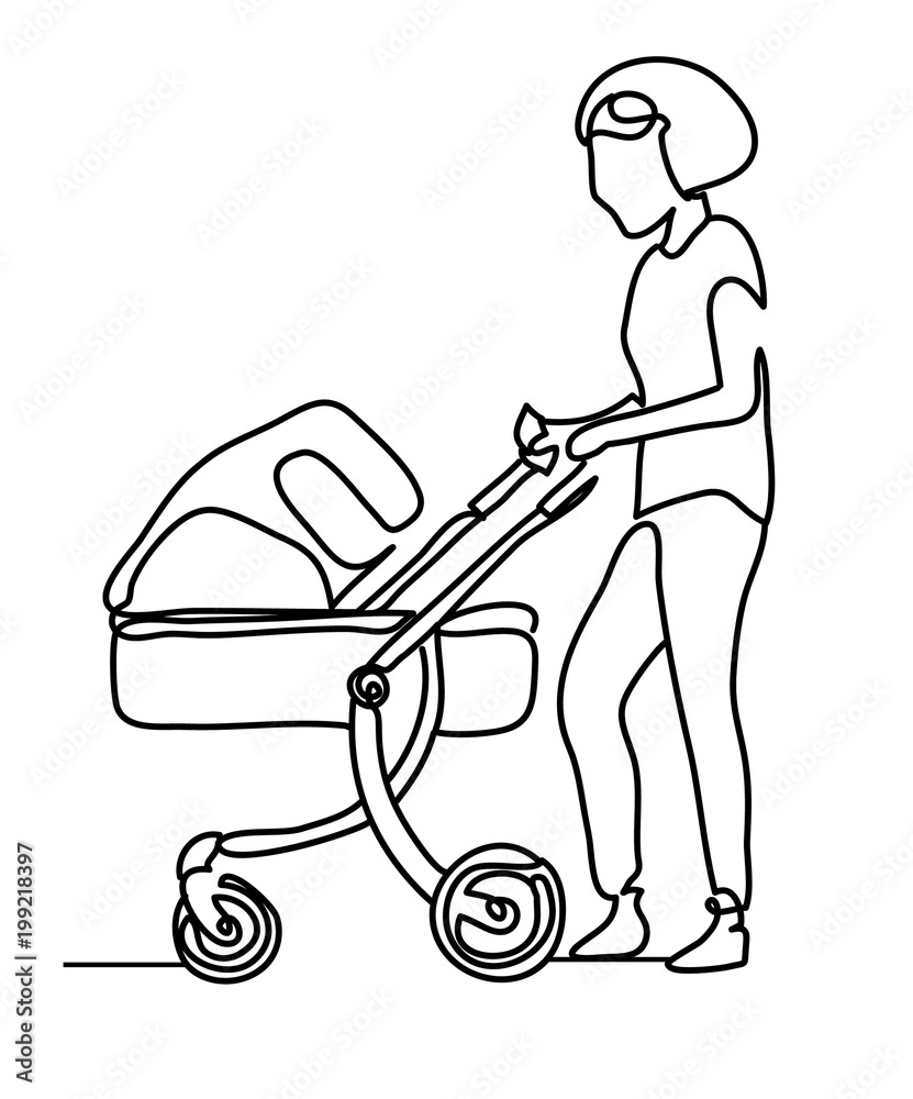 Vetor do Stock: Continuous line drawing. One line. Woman with a toddler ...