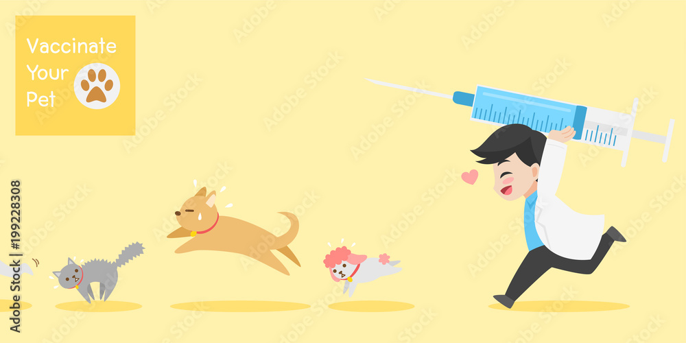 Vecteur Stock Frighten cute dogs, cat run doctor with injection needle ...
