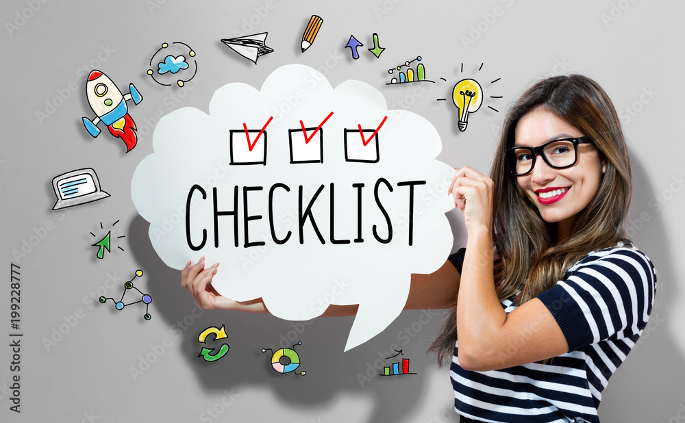 Checklist text with young woman holding a speech bubble Stock Photo ...