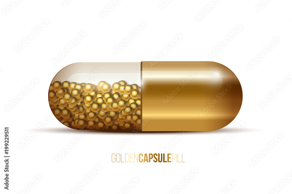 Golden capsule pill with golden drug isolated on white background ...