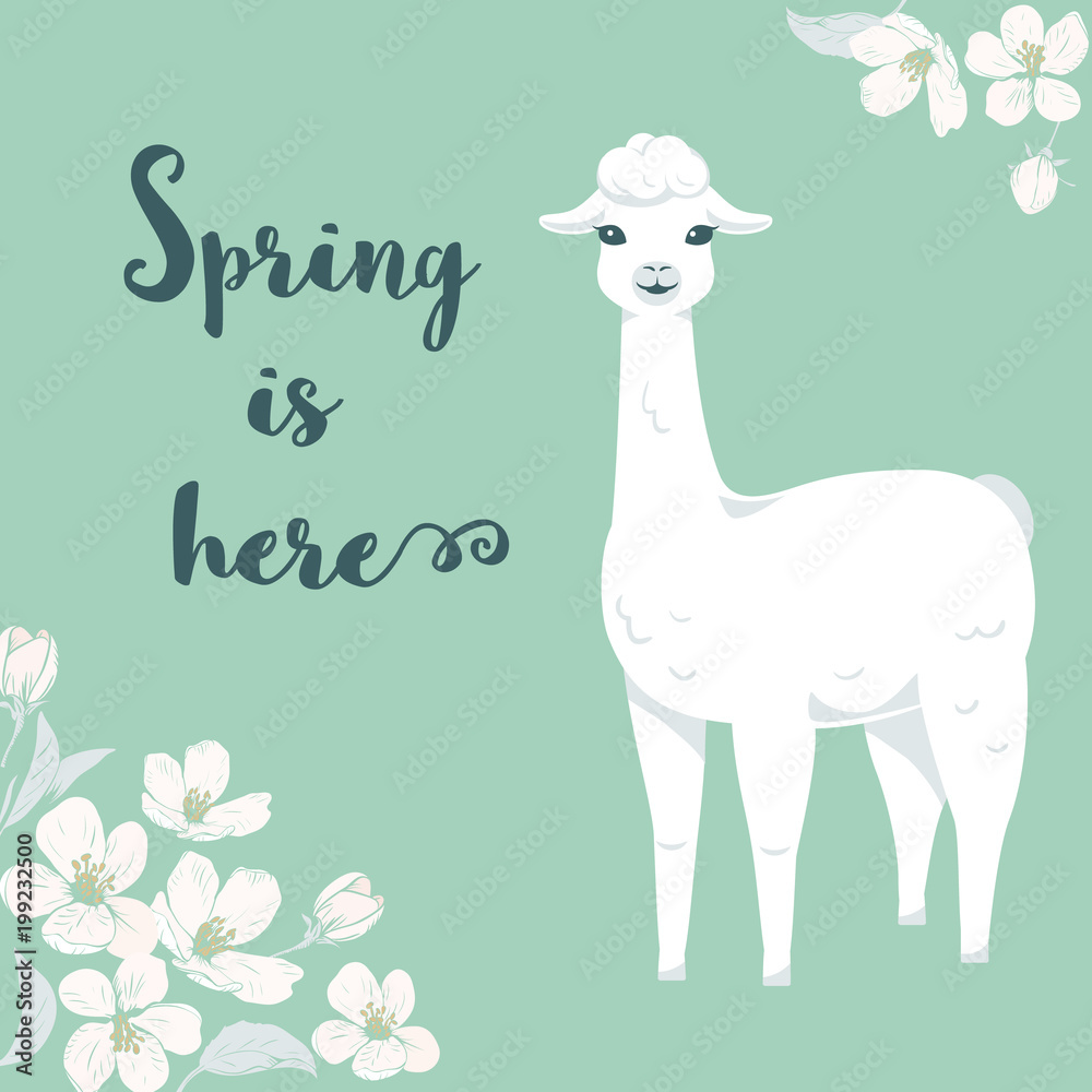 Cute cartoon llama character with cherry tree flowers and text Spring ...