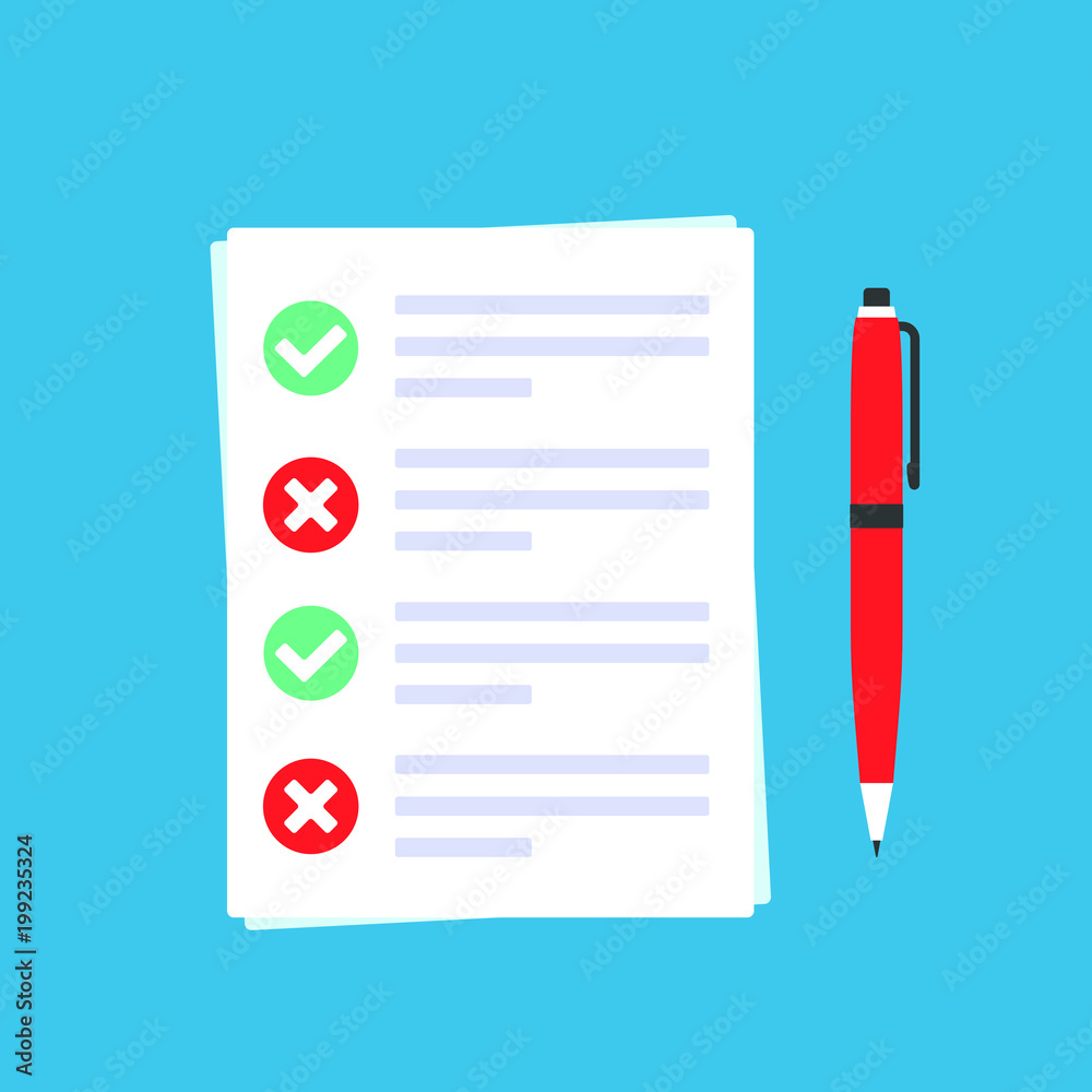 Papers with claim form on it, paper sheets, check marks tick OK and ...