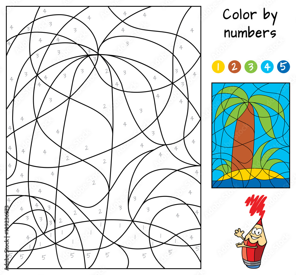 A small tropical island with a palm tree. Color by numbers. Educational ...