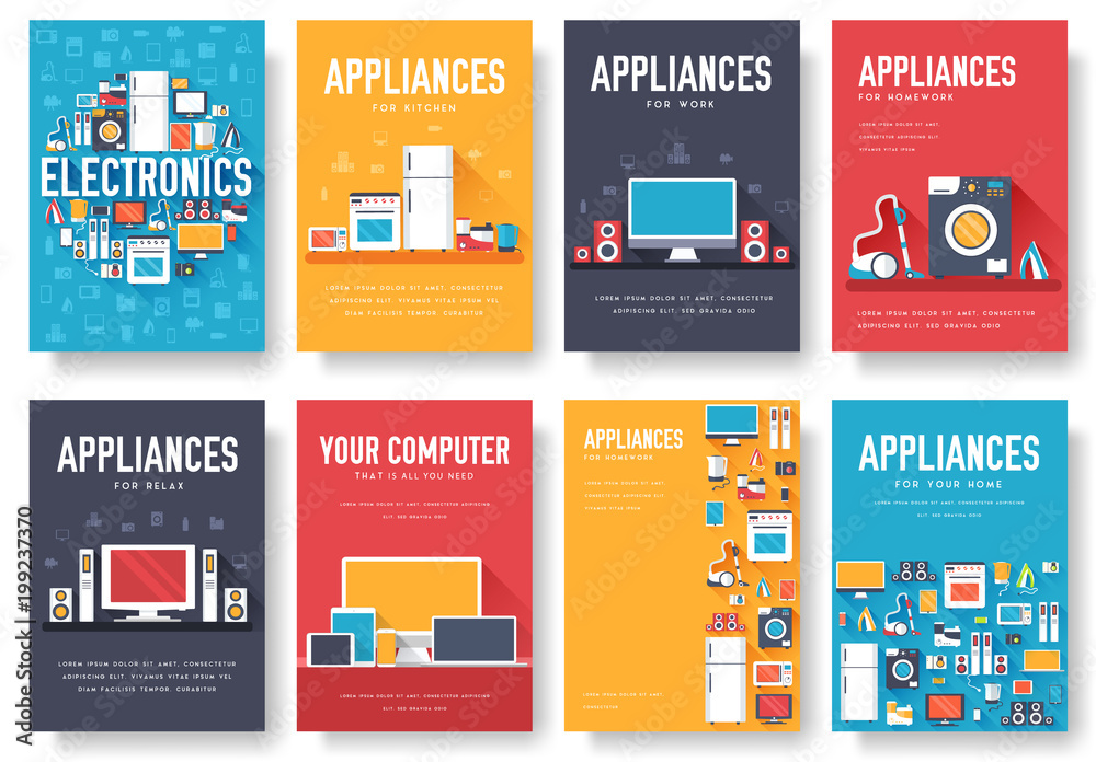 Home appliances cards set. Electronics template of flyear, magazines ...