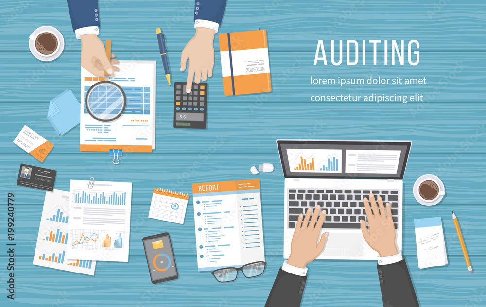 Audit, data analysis, reporting, accounting, business meeting. People ...