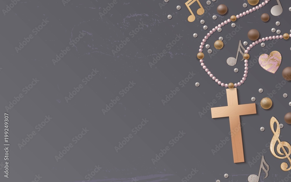 Cross, beads and music notes on shabby background. Vector illustration ...