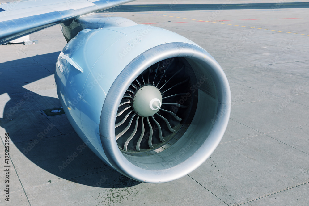 detailed insigh turbine blades of an aircraft jet engine, business jet ...