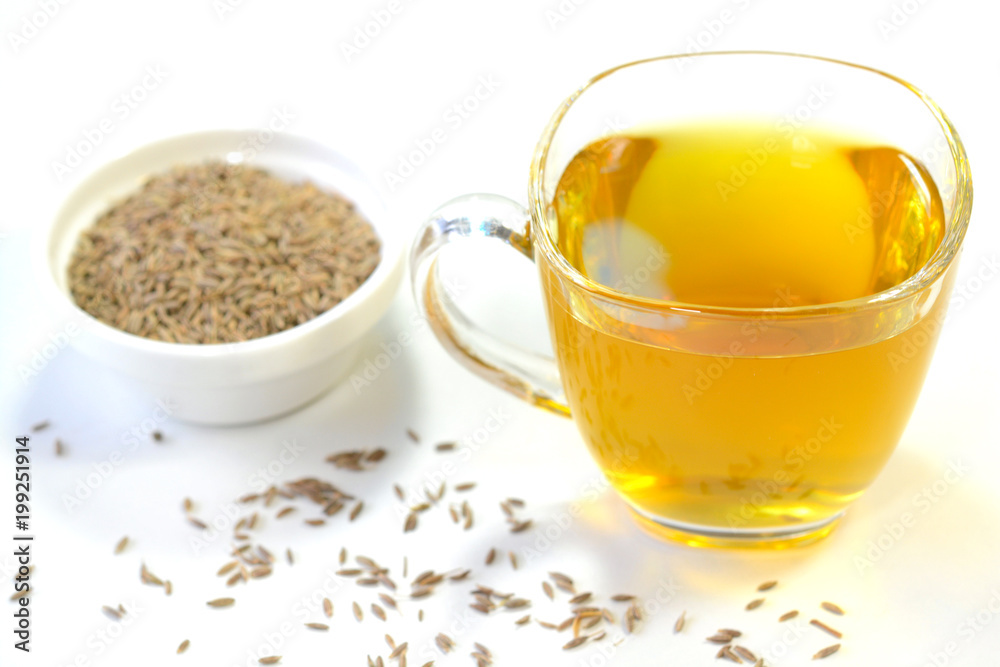 Cumin tea prepared by heating cumin seeds and water, also called as ...