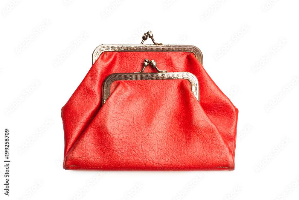 Monedero rojo retro sobre un fondo blanco liso y aislado. Vista de ...