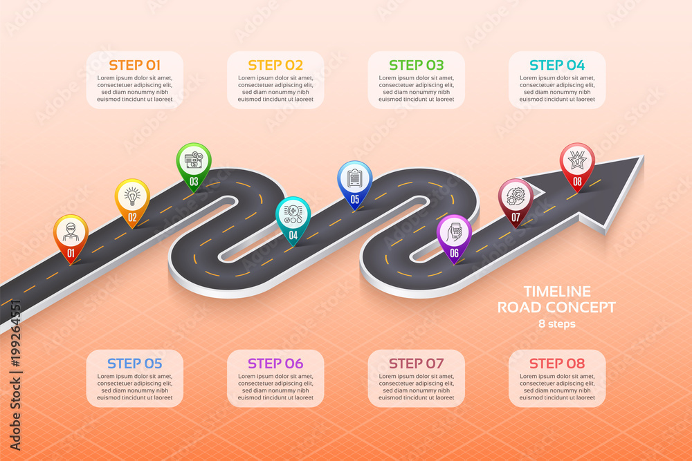 Isometric navigation map infographic 8 steps timeline concept. Winding ...